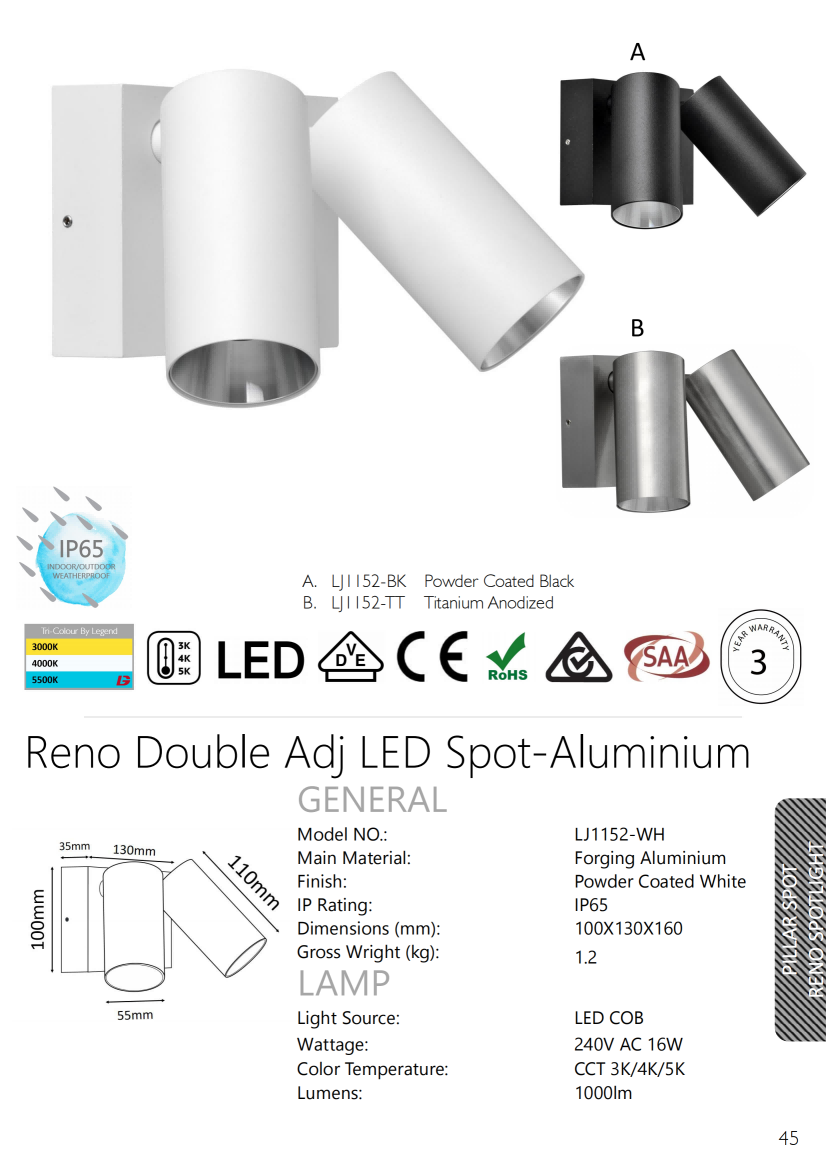 Aluminium Black Reno Double Adjustable Wall Spot Lights